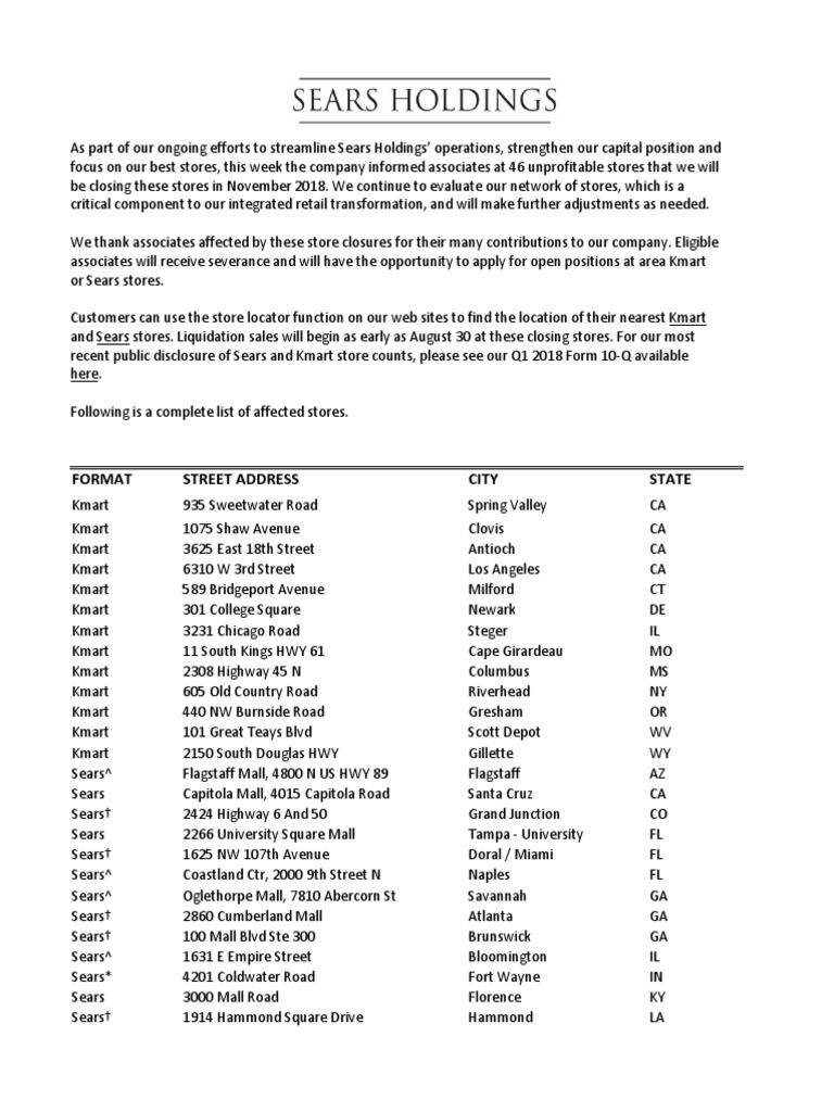 Sears Store Closing List | PDF | Kmart | Retailing