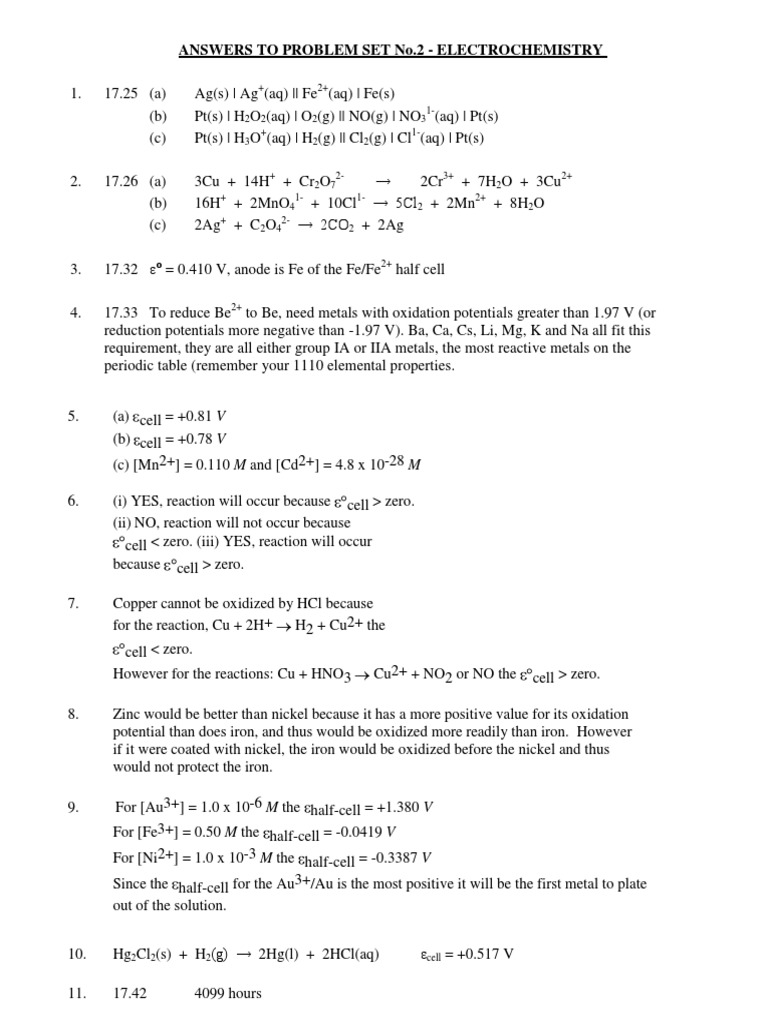 Answers To Problem Set No.2 - Electrochemistry | PDF | Silver | Redox