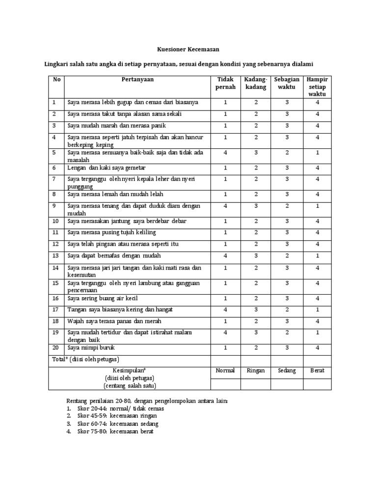 Kuesioner Kecemasan | PDF