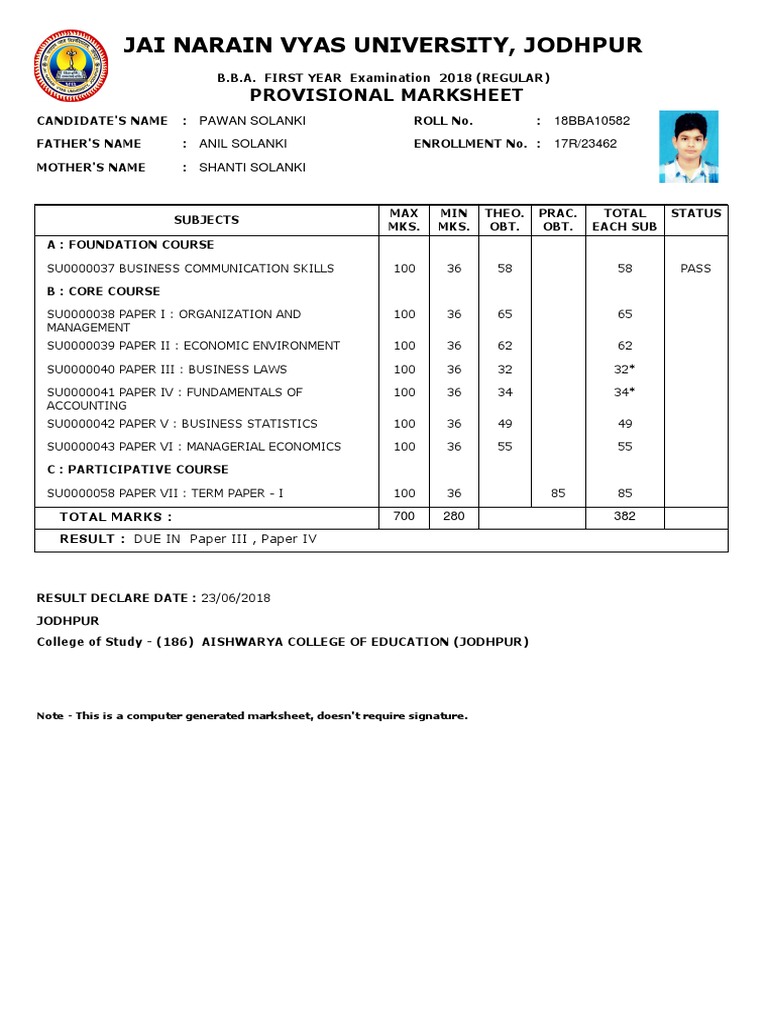 Jai Narain Vyas University, Jodhpur: Provisional Marksheet | PDF | Further Education
