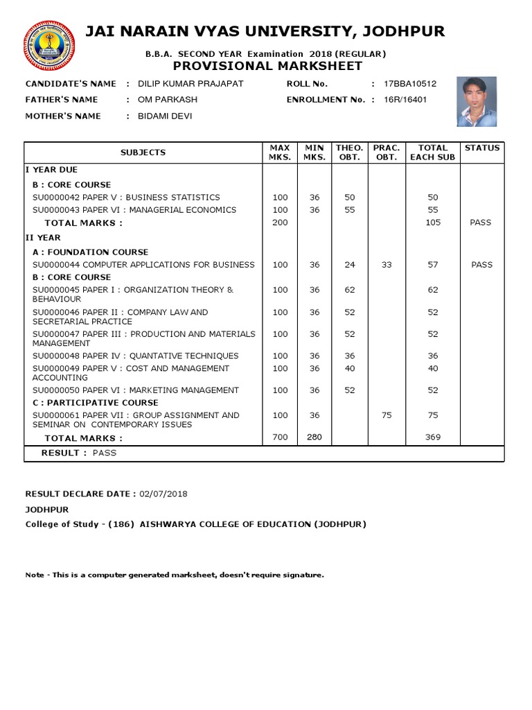 Jai Narain Vyas University, Jodhpur: Provisional Marksheet | PDF