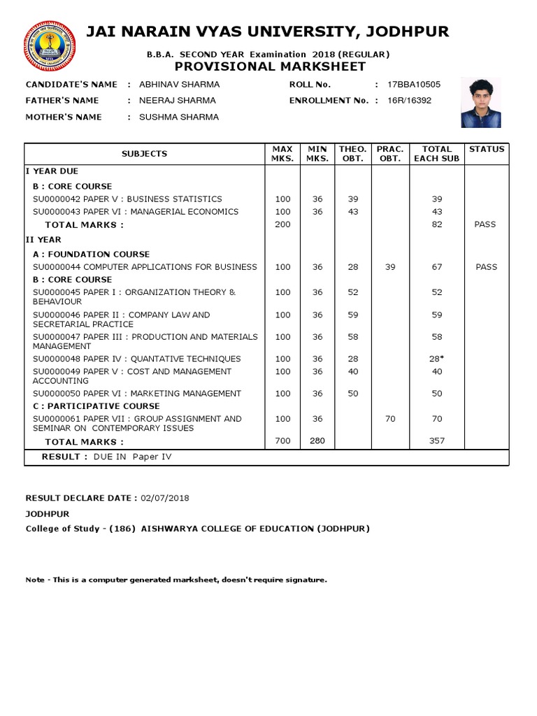 BBA Provisional Marksheet - Abhinav Sharma | PDF | Business
