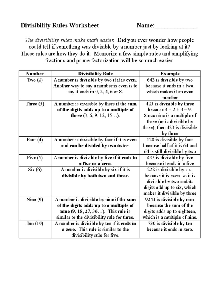 Divisibility Rules Worksheet | PDF | Arithmetic | Abstract Algebra