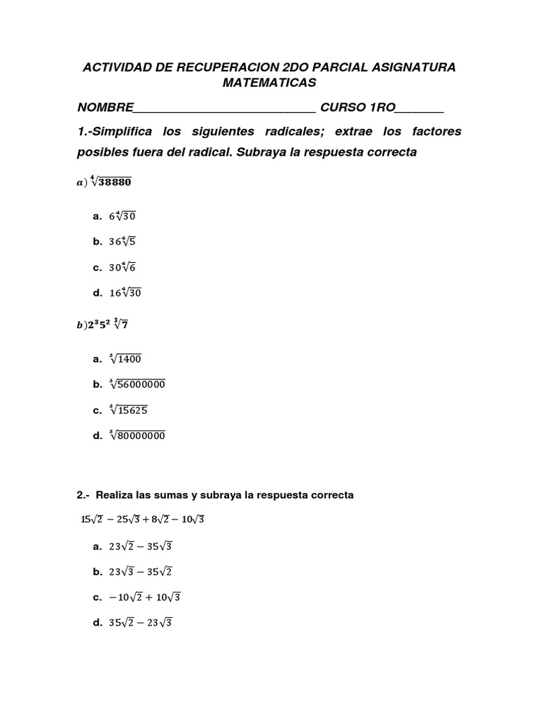 Actividad de Recuperacion 2do Parcial Asignatura Matematicas | PDF ...