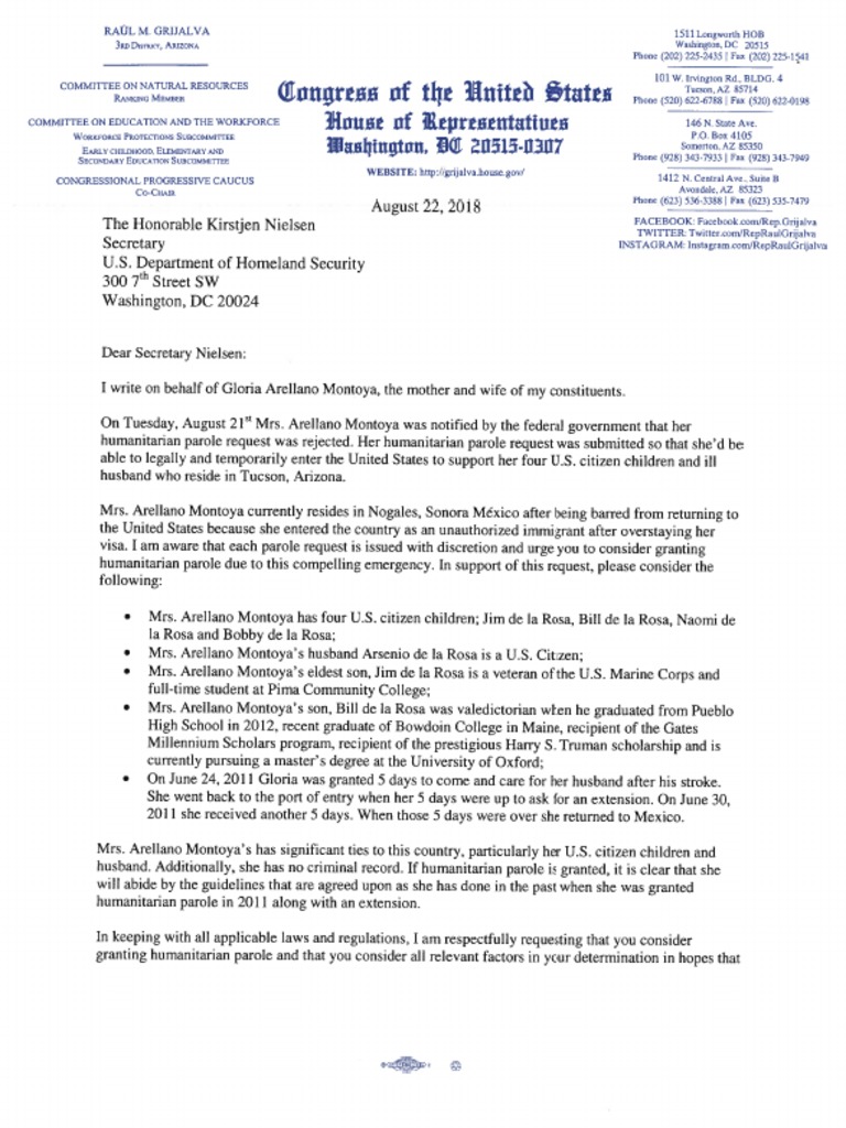 Gloria Arellano Motoya Humanitarian Parole Request | The United States ...