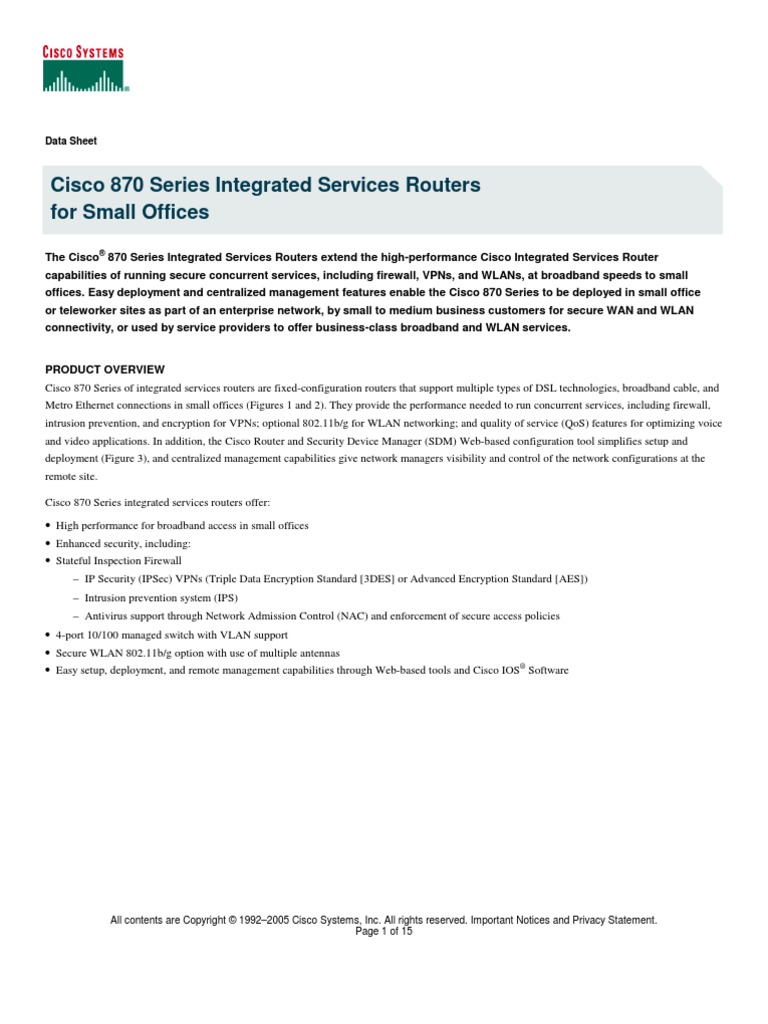 Cisco 870 Series Integrated Services Routers For Small Offices | PDF