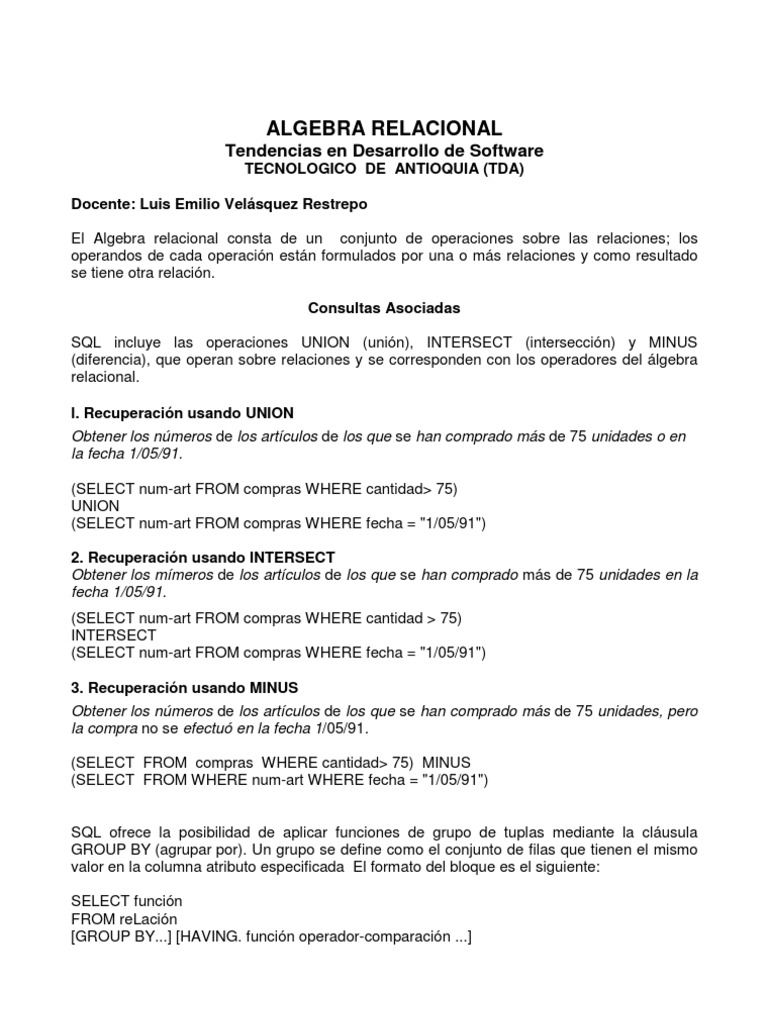Algebra Relacional PDF | PDF | SQL | Programa de computadora
