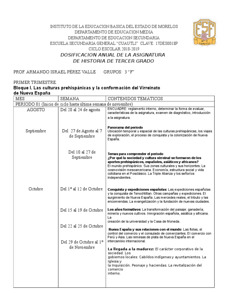 Plan de Clase de Historia (2018-2019) | Nueva españa | México