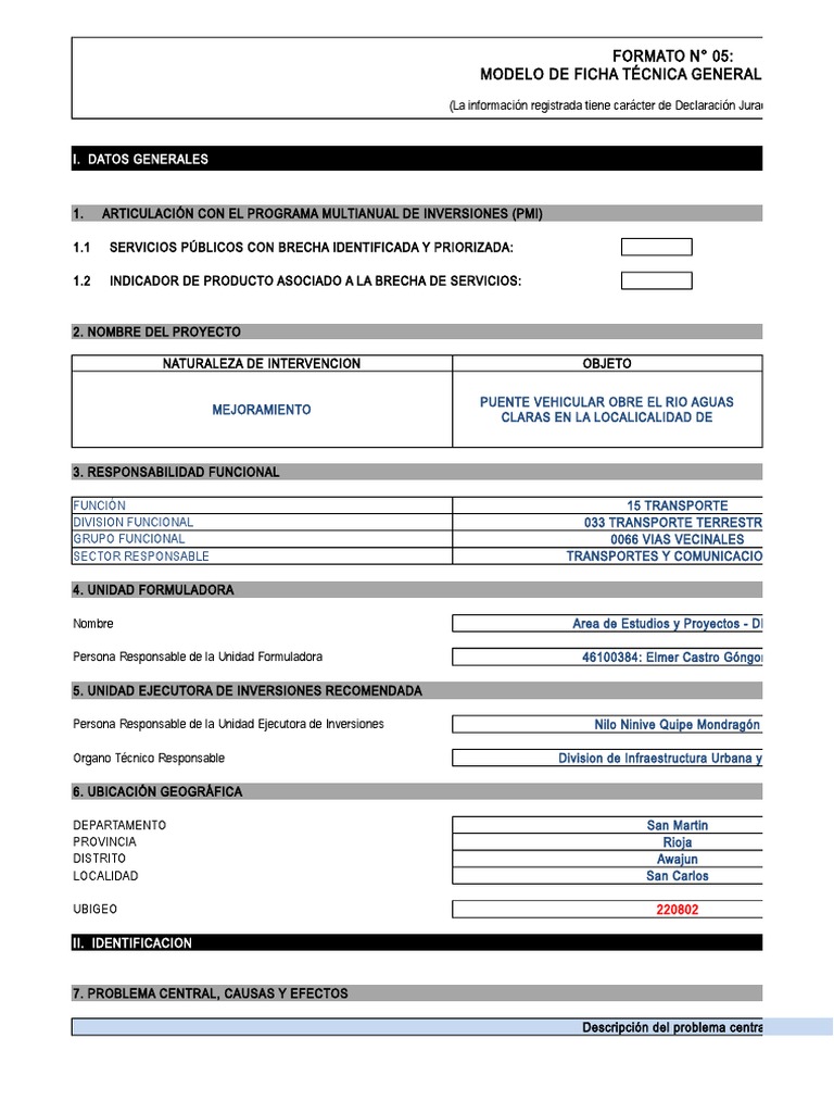 Formato 05 Ficha Tecnica Simplificada Puente Aguas Claras | Presupuesto | Transporte