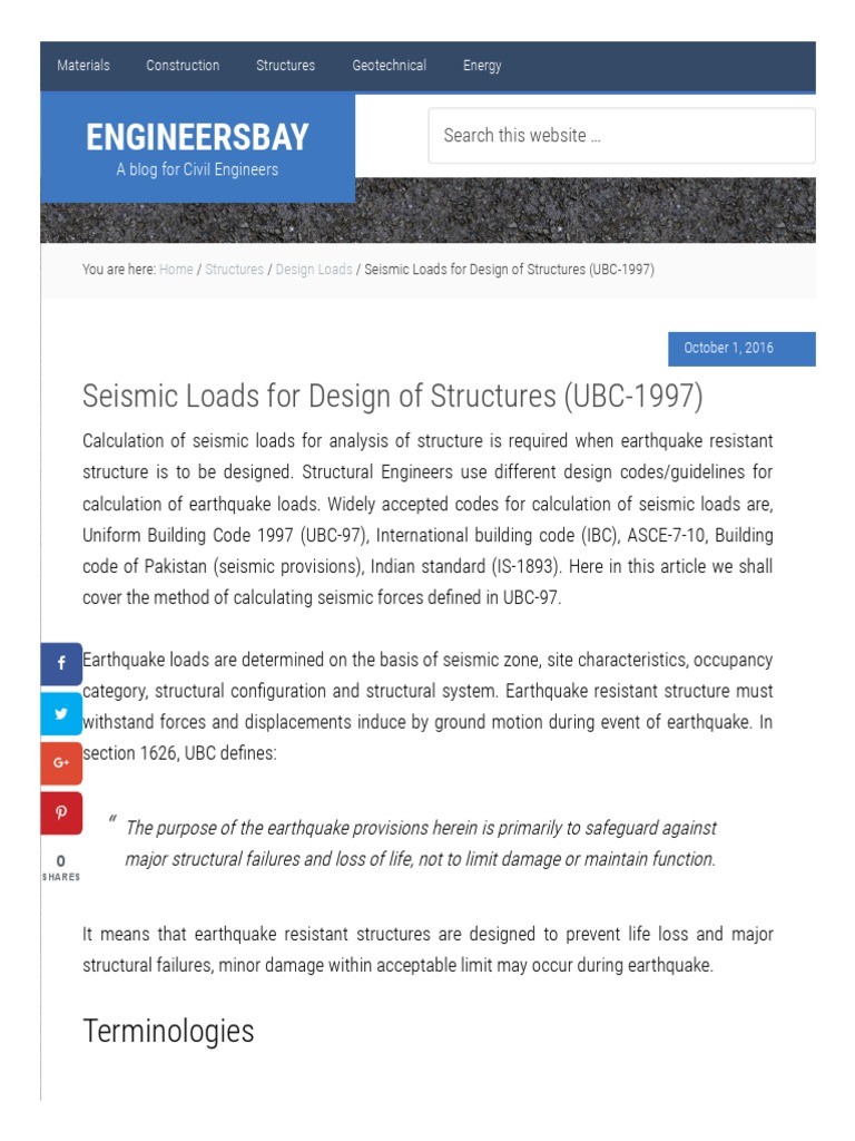 Seismic Loads For Design of Structures (UBC-1997) - EngineersBay | PDF ...