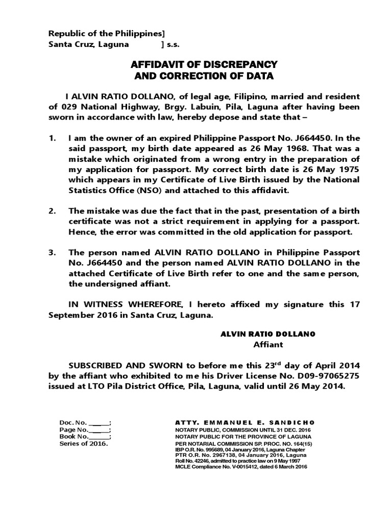 Affidavit of Discrepancy and Correction of Data Form-2