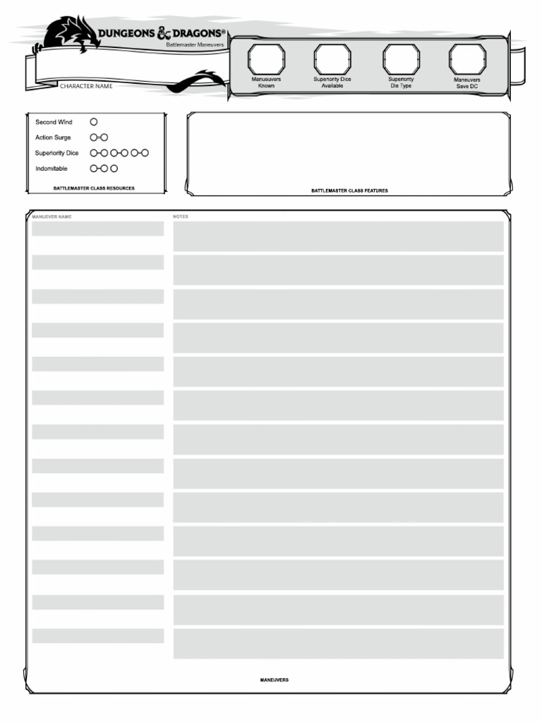 Battlemaster Reference Sheet (Form Fillable) | PDF