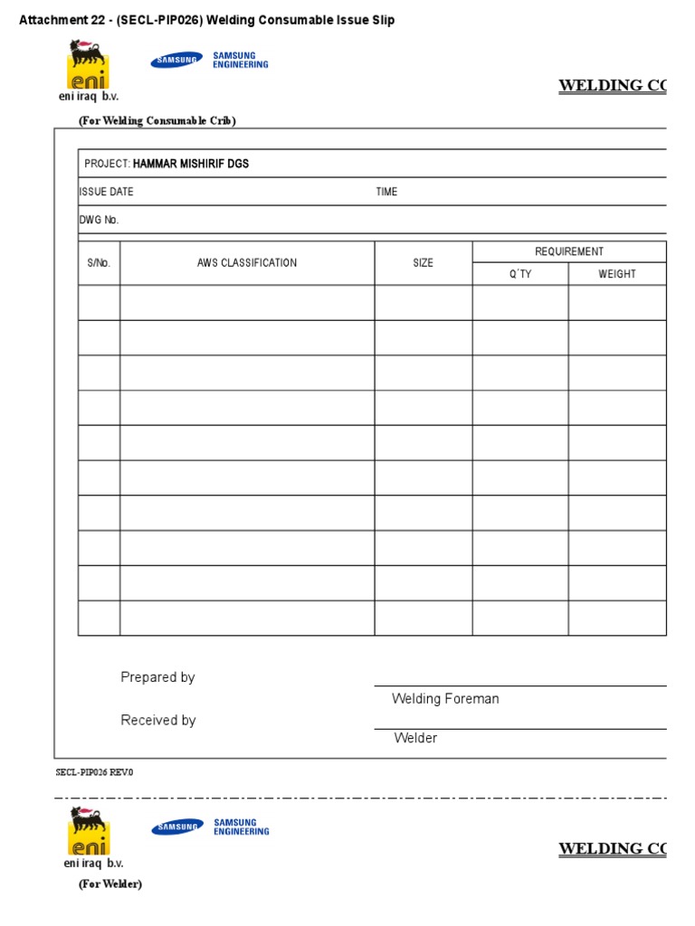 Attachment 22 - (SECL-PIP026) Welding Consumable Issue Slip | PDF ...