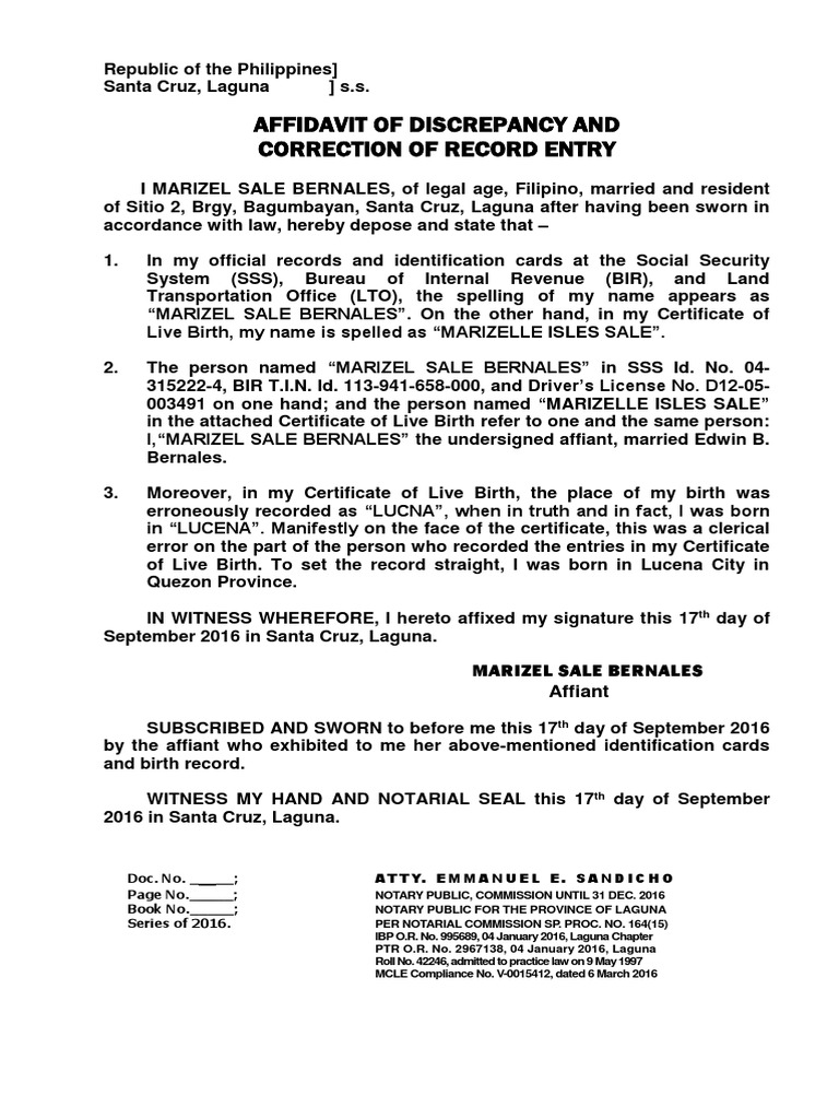 Affidavit of Discrepancy and Correction of Record Form-1 | Identity ...