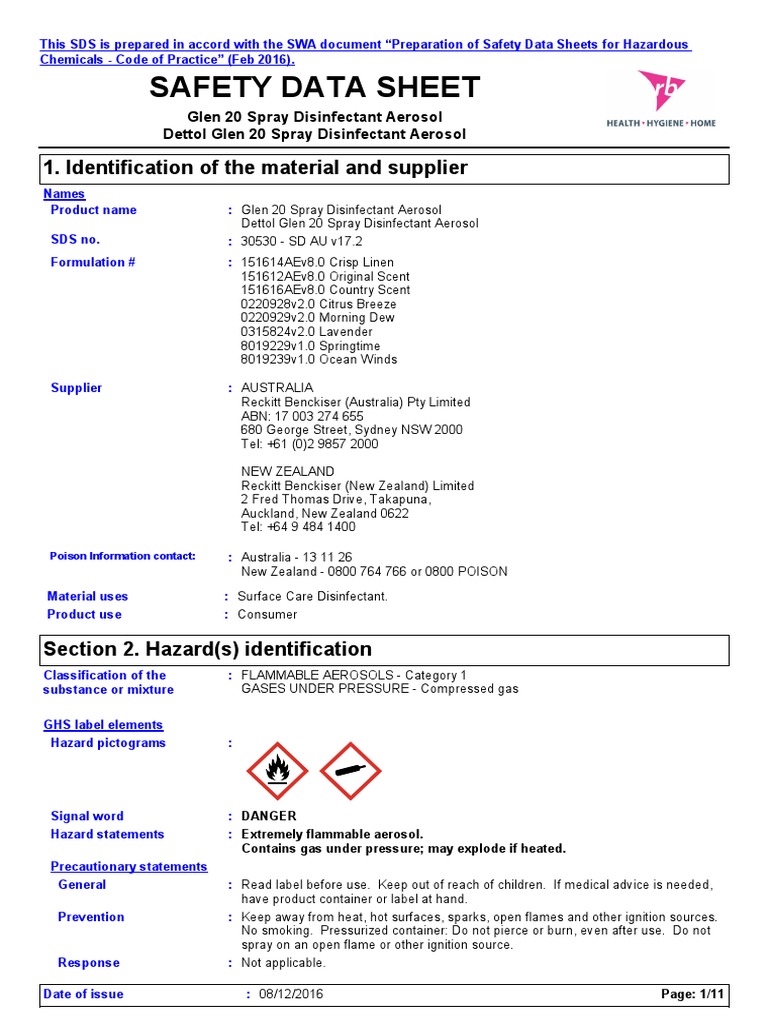 Glen 20 Spray Safety Data Sheet | PDF | Toxicity | Personal Protective ...
