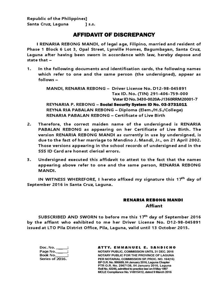 Affidavit of Name Discrepancy | PDF | Affidavit | Identity Document
