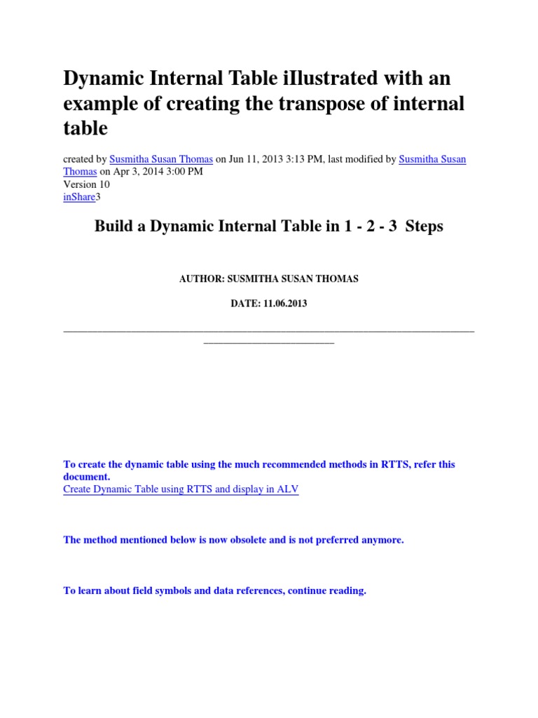 Dynamic Internal Table IIlustrated With An Example of Creating The Transpose of Internal Table ...