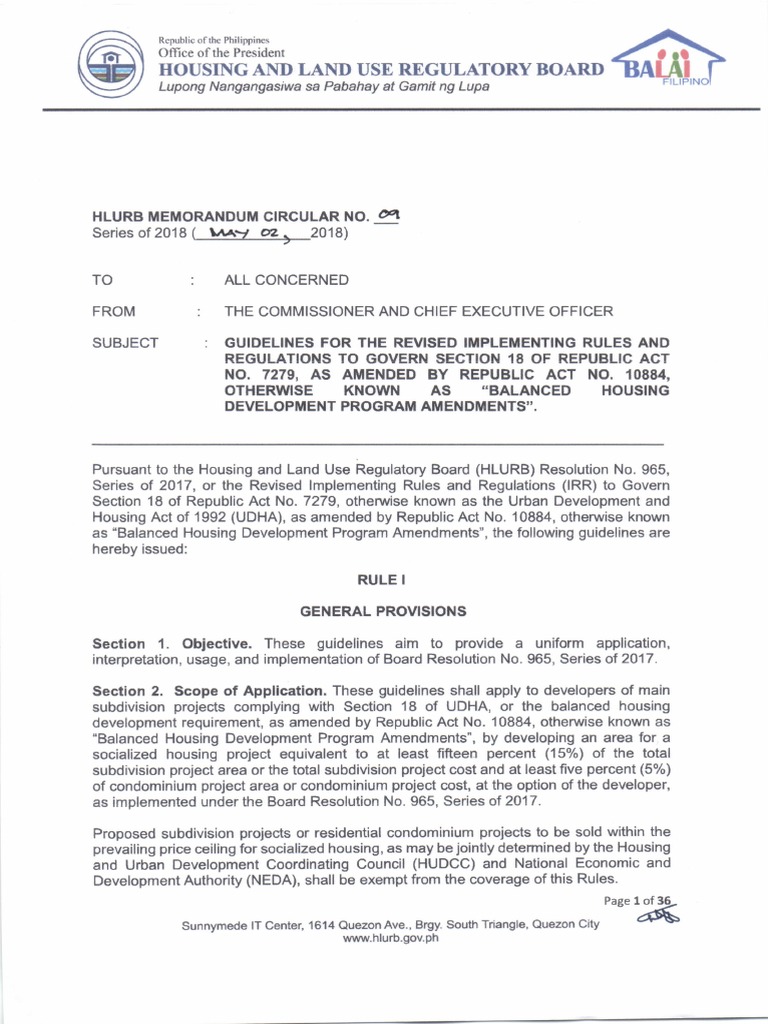 MC-18-09 (Guidelines For The Revised IRR of R.A. 7279 As Amended by R.A. 10884 | PDF
