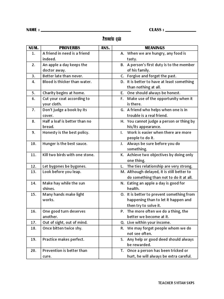 Proverbs Quiz: NAME: - CLASS | PDF