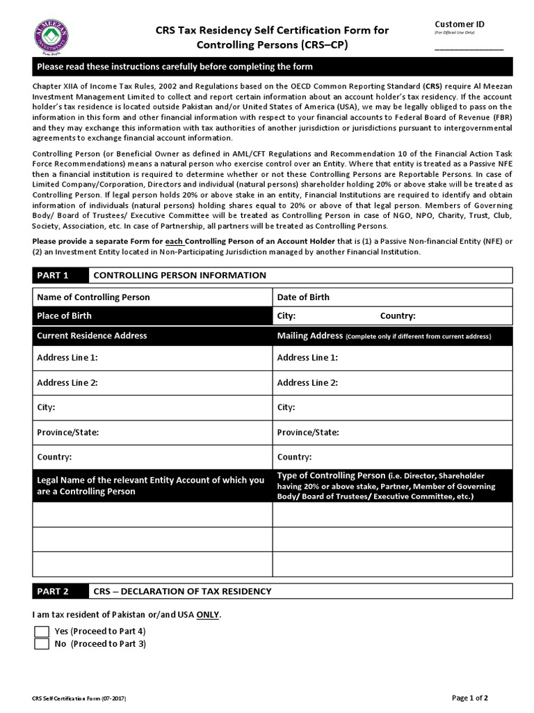 CRS Tax Residency Self Certification Form For Controlling Persons (CRS ...