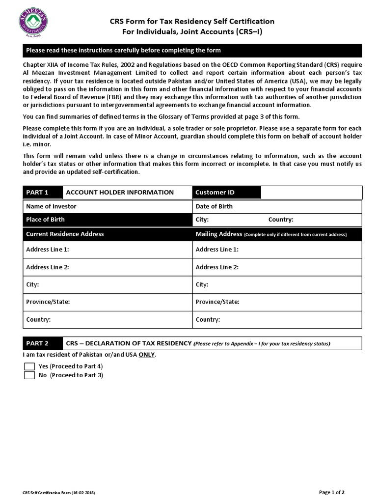 CRS Form for Tax Residency | PDF | Taxes | Government