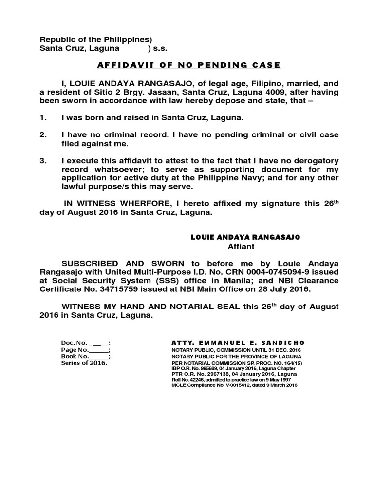 Affidavit of No Pending Case