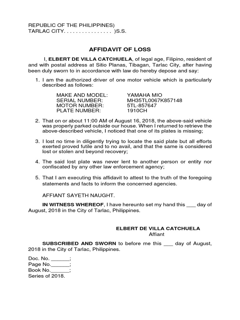 Affidavit of Loss: Missing Motorcycle License Plate | PDF