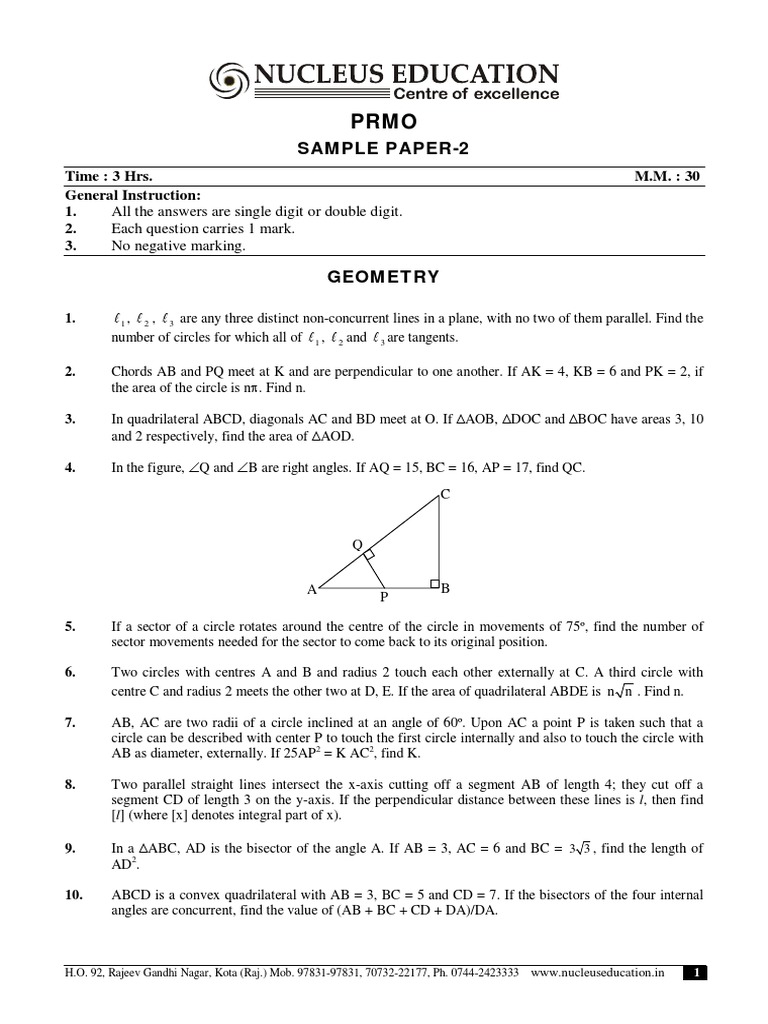Sample Paper-2: All The Answers Are Single Digit or Double Digit. Each ...