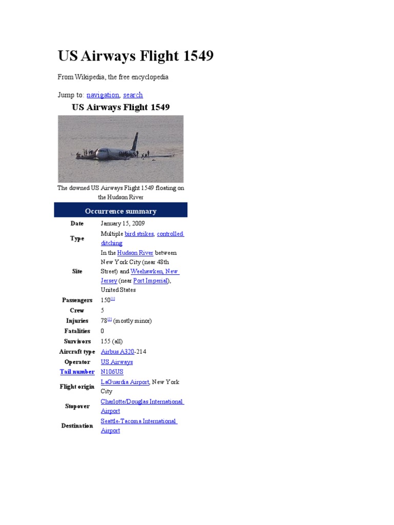 US Airways Flight 1549 Ditching Summary | PDF | Aerospace | Aircraft
