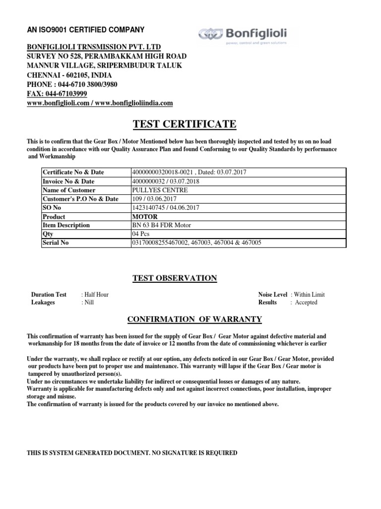 Motor Test Certificate for BN 63 B4 FDR | PDF | Technology & Engineering