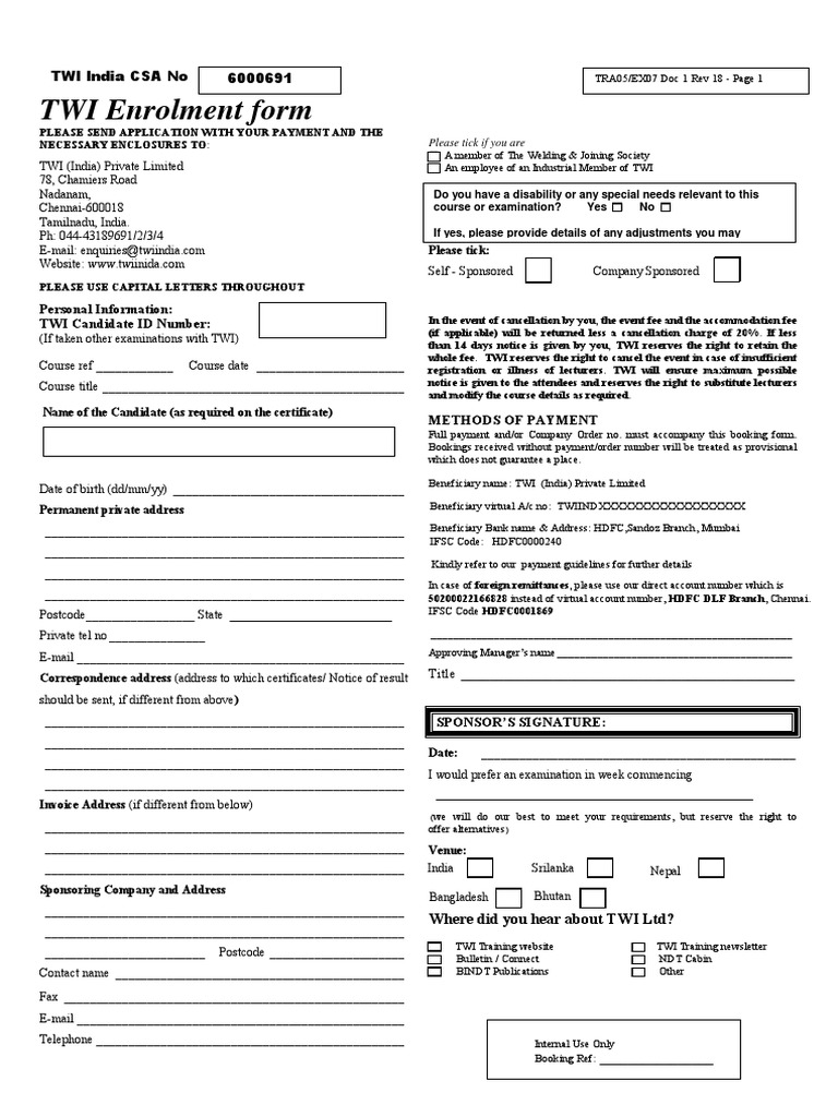 TWI Enrolment Form: Twi India Csa No 6000691 | PDF | Nondestructive ...