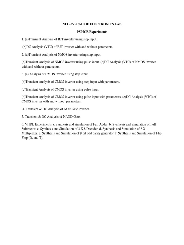 Nec-653 Cad of Electronics Lab PSPICE Experiments | PDF