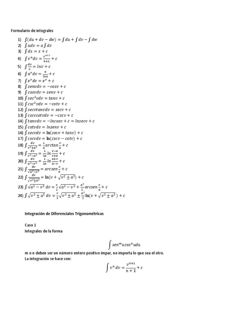 Formulario de Integrales | PDF | Fracción (Matemáticas) | Integral