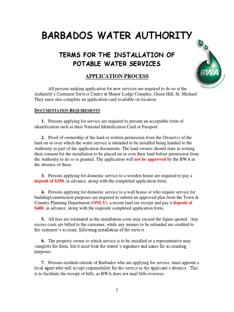Barbados Water Authority: Terms For The Installation of Potable Water ...