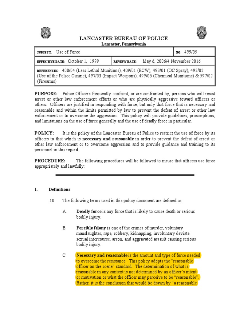 Lancaster Bureau of Police: Old Use-of-Force Policy - Highlights | PDF ...