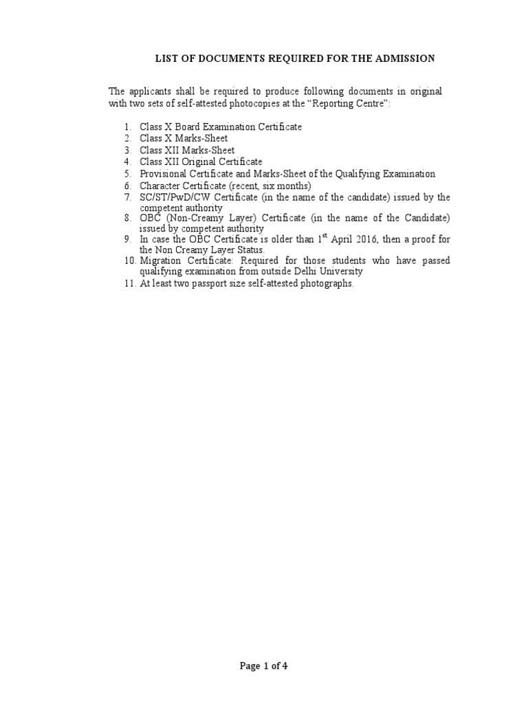 List of Documents Required For The Admission | PDF
