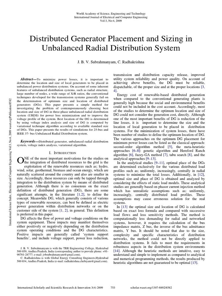 Distributed Generator Placement And Sizing In Unbalanced Radial Distribution System Pdf Pdf