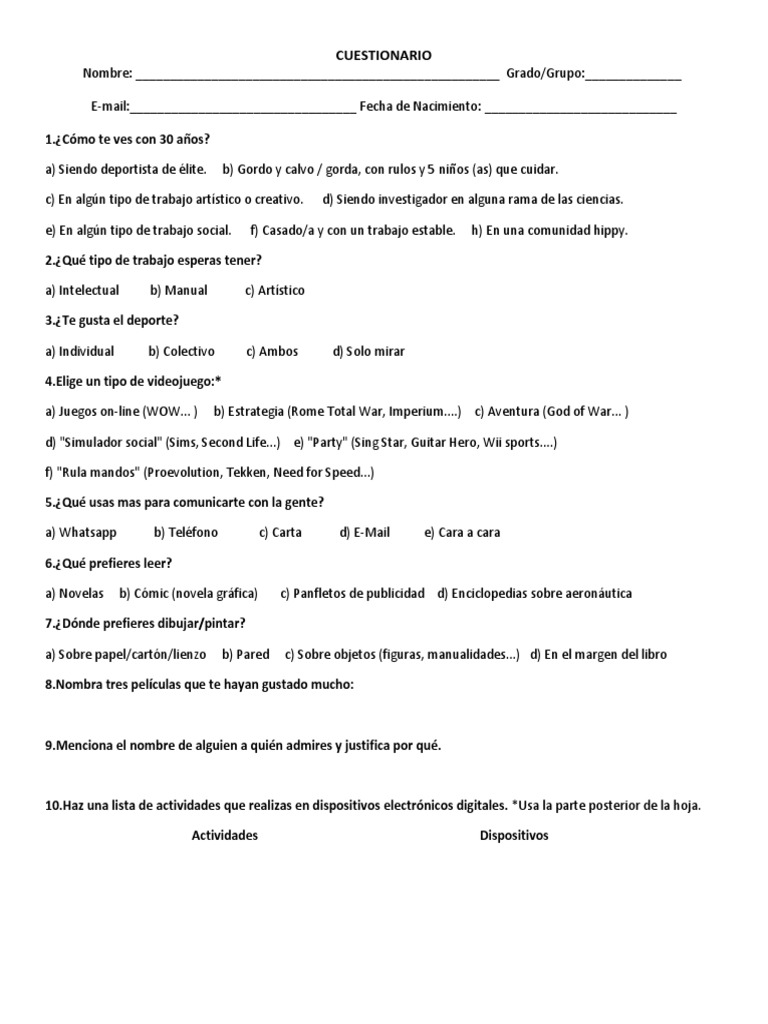 Encuesta sobre intereses, aficiones y aspiraciones personales | PDF