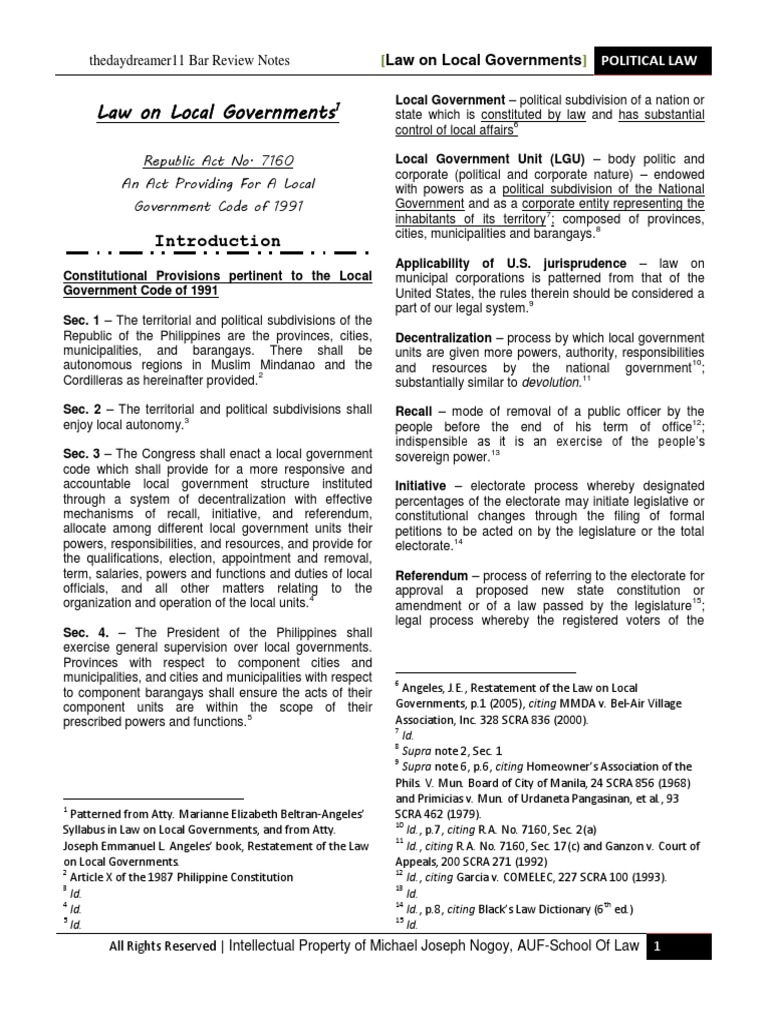 Law On Local Governments: Thedaydreamer11 Bar Review Notes | PDF ...