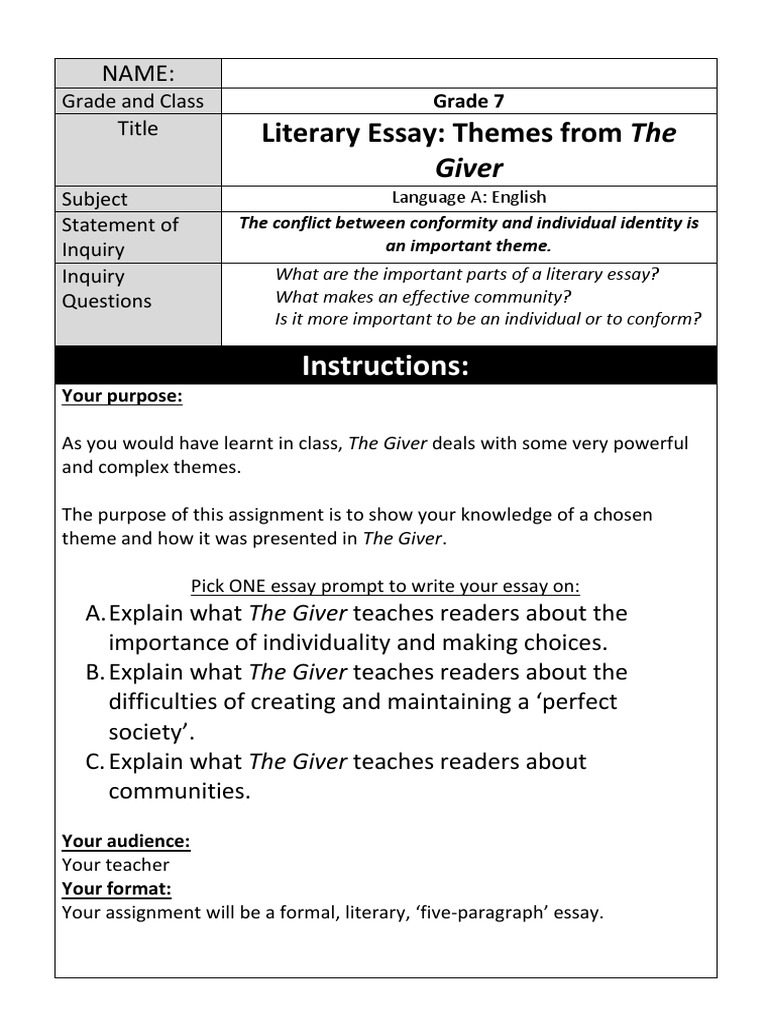 The Giver - Themes Essay Summative TASK SHEET 2017 | PDF | Essays | Syntax