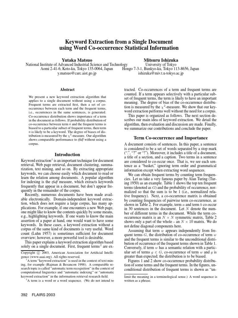 Keyword Extraction From A Single Document Using Word Co Occurrence