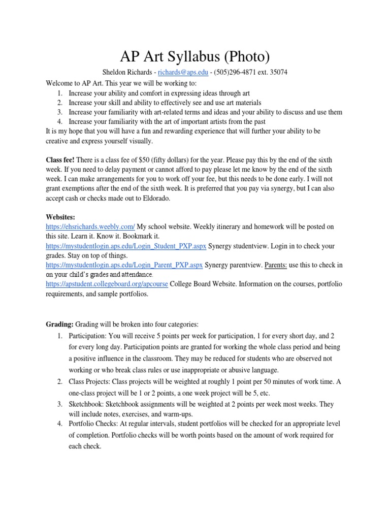 Ap Art Syllabus Photo | PDF | Homework | Behavior Modification
