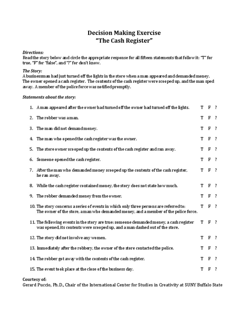Cash Register Decision Making Exercise | PDF | Mystery, Thriller ...