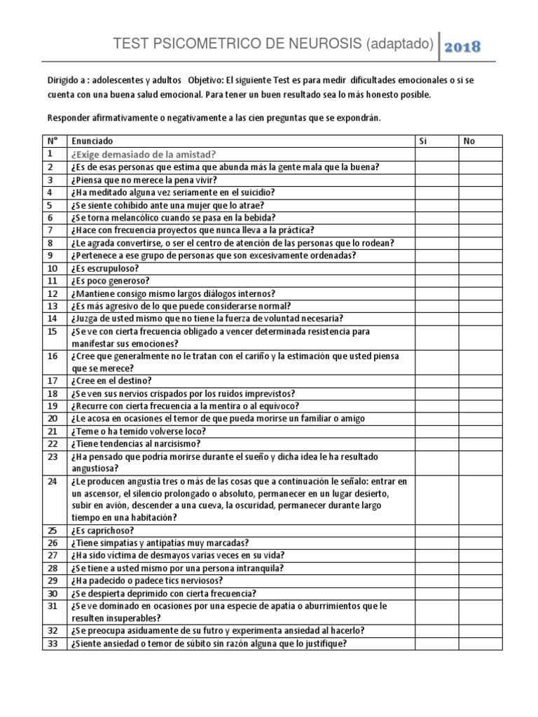 Test Neurosis Adaptado | PDF | Las emociones | Psicología anormal