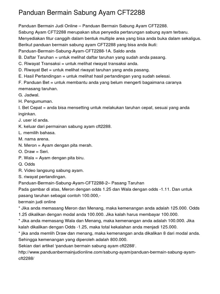 Panduan Bermain Sabung Ayam CFT2288 | PDF Panduan Bermain Sabung Ayam CFT2288 | PDF