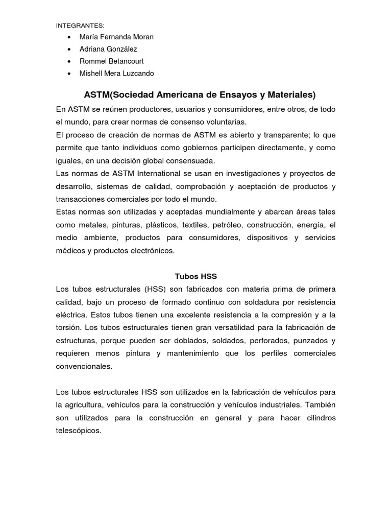 Lista de integrantes y descripción de normas ASTM, tubos estructurales ...
