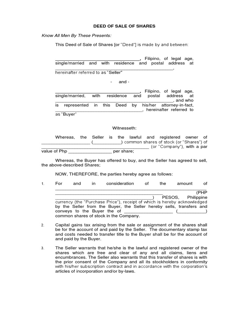 Deed of Sale of Shares Template | PDF | Sales | Deed