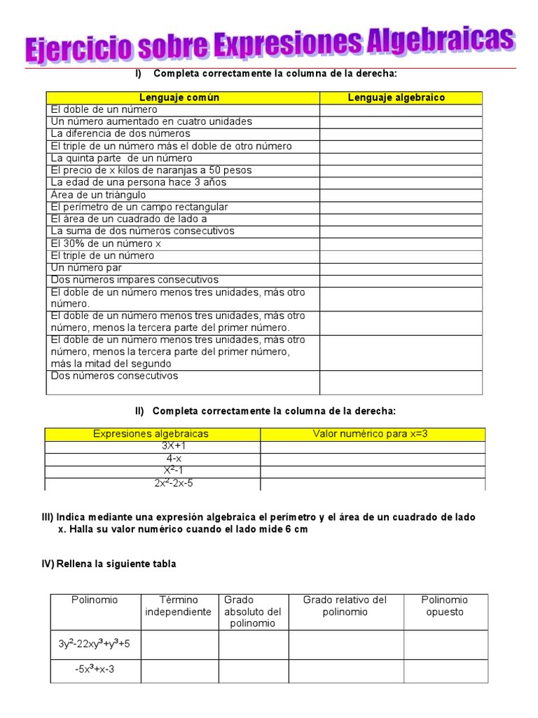 Ejercicio Sobre Expresiones Algebraicas | PDF