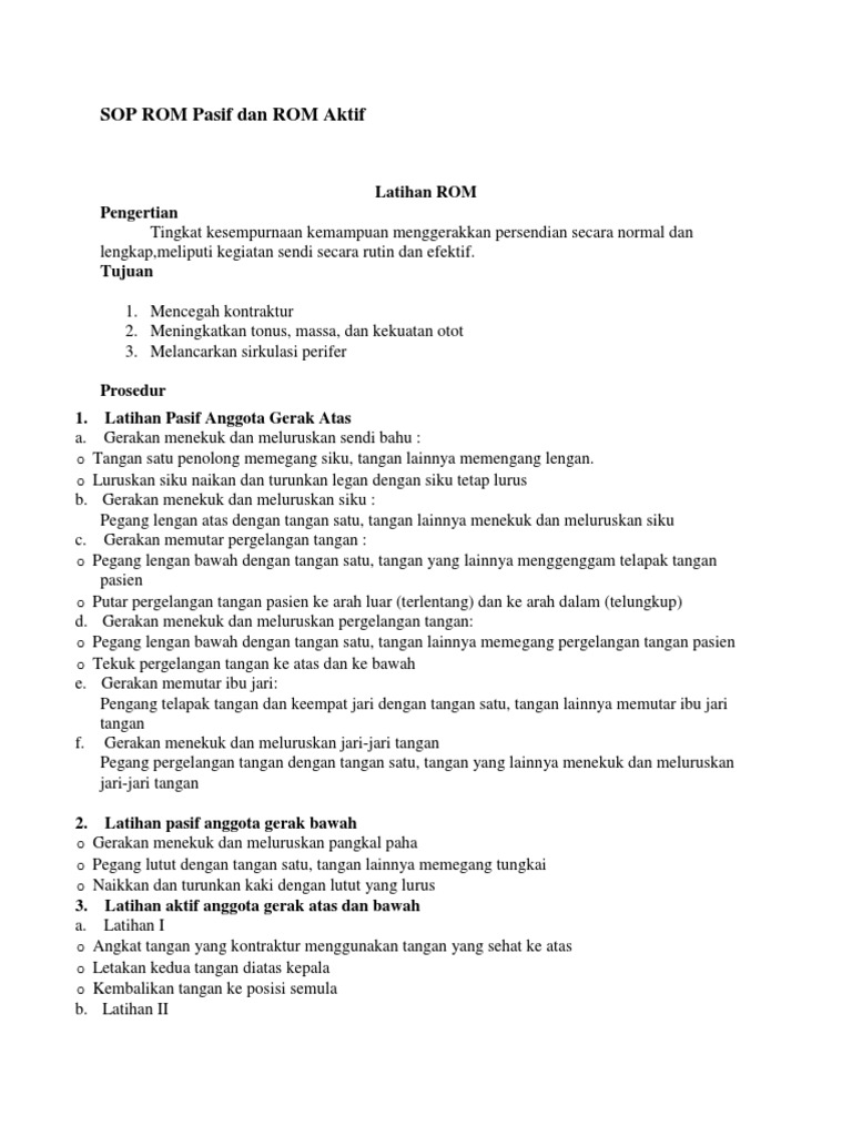 SOP Latihan ROM Pasif dan Aktif | PDF | Pengembangan Diri | Kesehatan ...