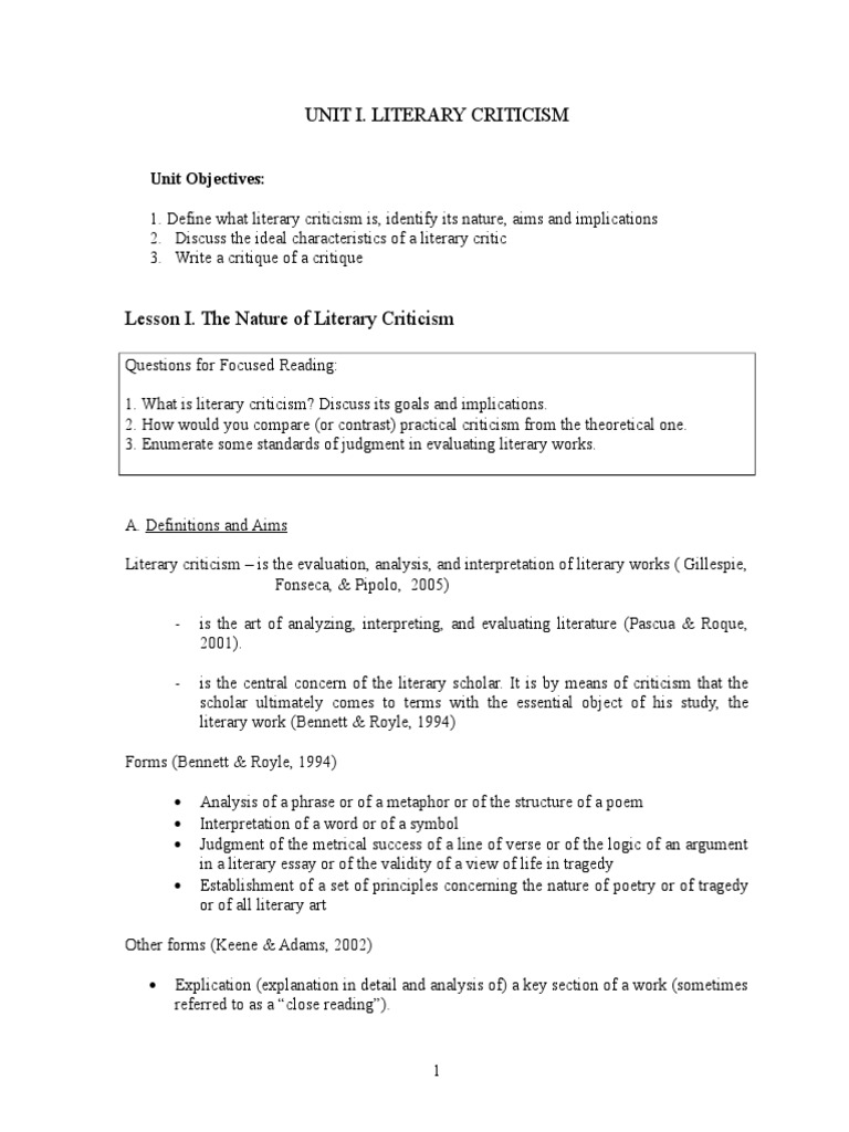 Unit I. Literary Criticism | Download Free PDF | Criticism | Cognitive ...